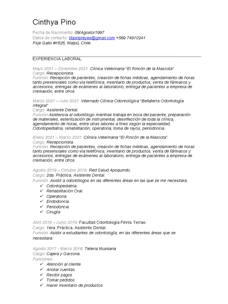 CV Cinthya | Descargar gratis PDF | Odontología | Ciencias de la Salud