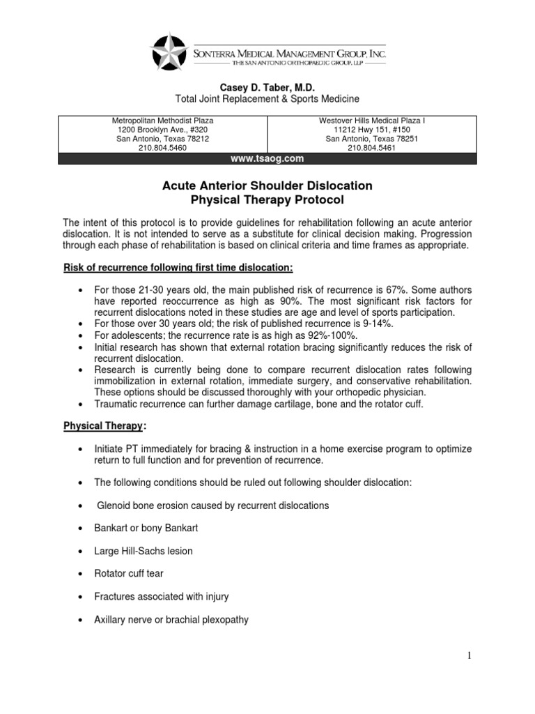 Acute Anterior Shoulder Dislocation Physical Therapy Protocol ...