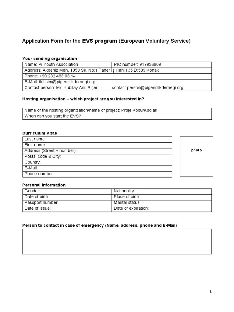 Application Form For The EVS Program (European Voluntary Service) | PDF ...