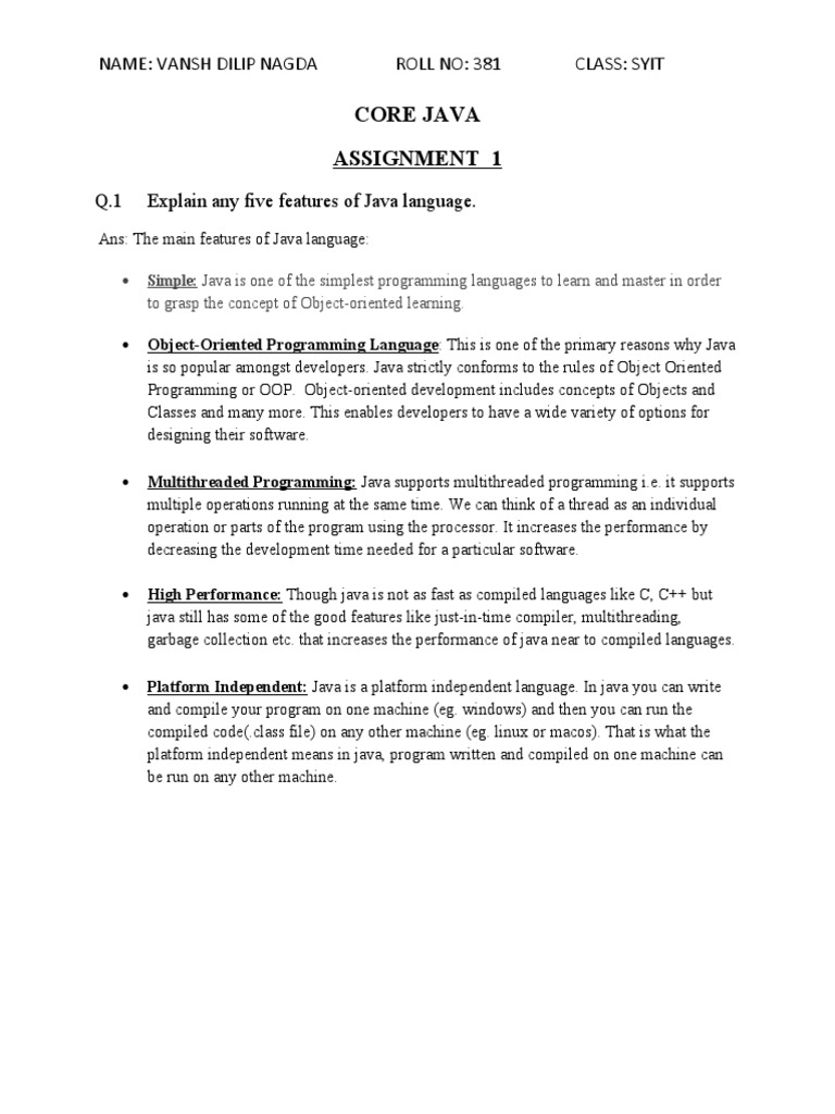 Core Java Assignment 1: Name: Vansh Dilip Nagda Roll No: 381 Class ...