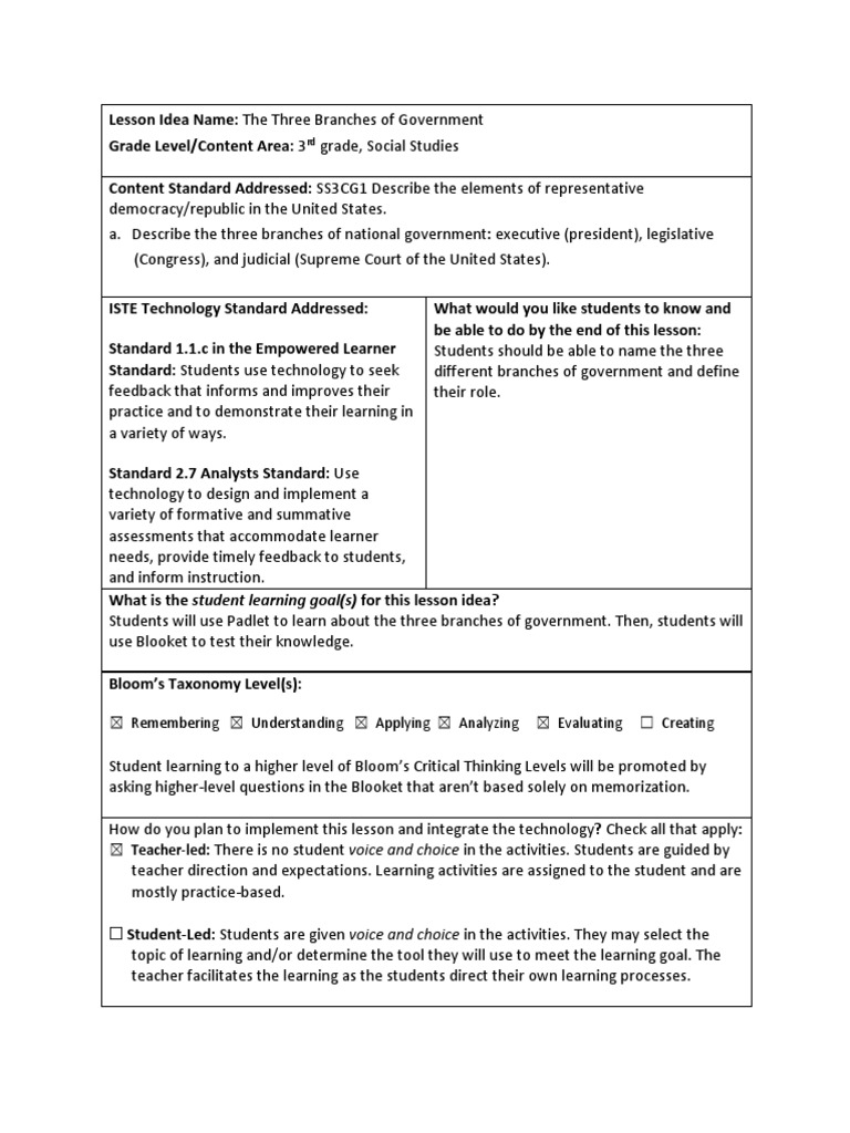 Three Branches of Government Lesson Plan | PDF | Learning | Behavior ...