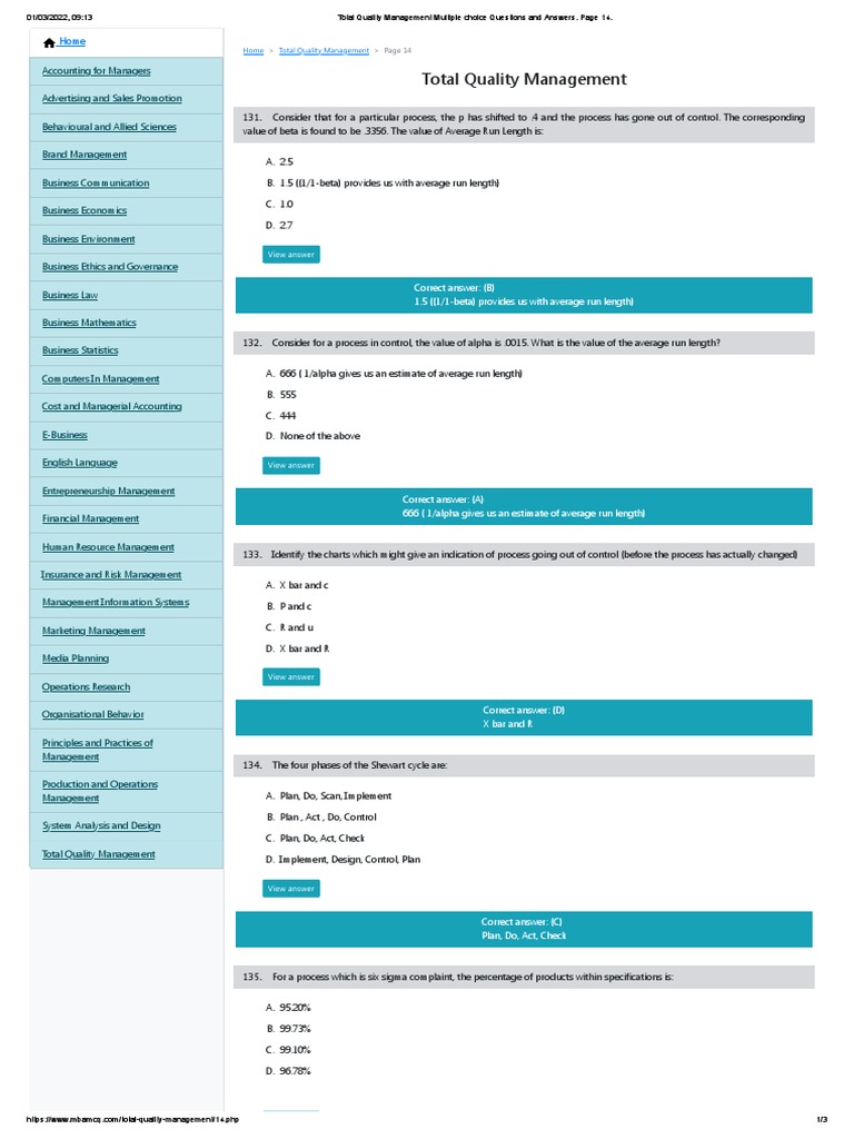 Total Quality Management MCQs and Answers | PDF | Six Sigma | Business