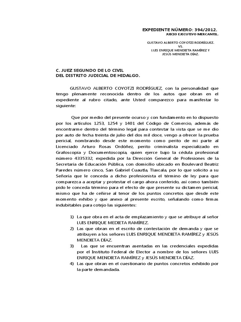 Escito Contestando Vista Ejecutivo Mercantil de María Del Carmen ...