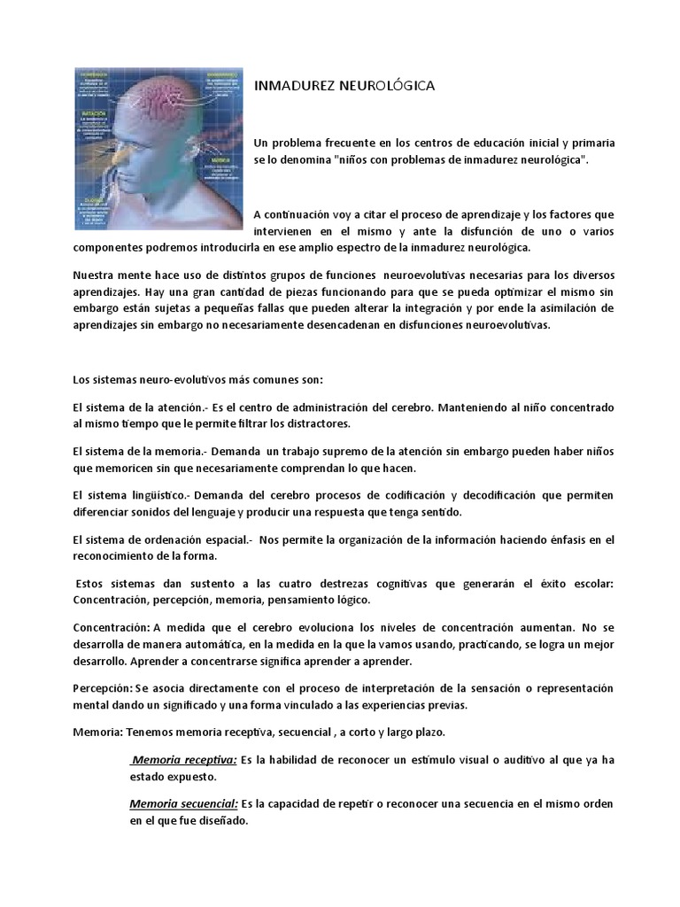 Inmadurez Neurológica en Niños | PDF | Aprendizaje | Memoria