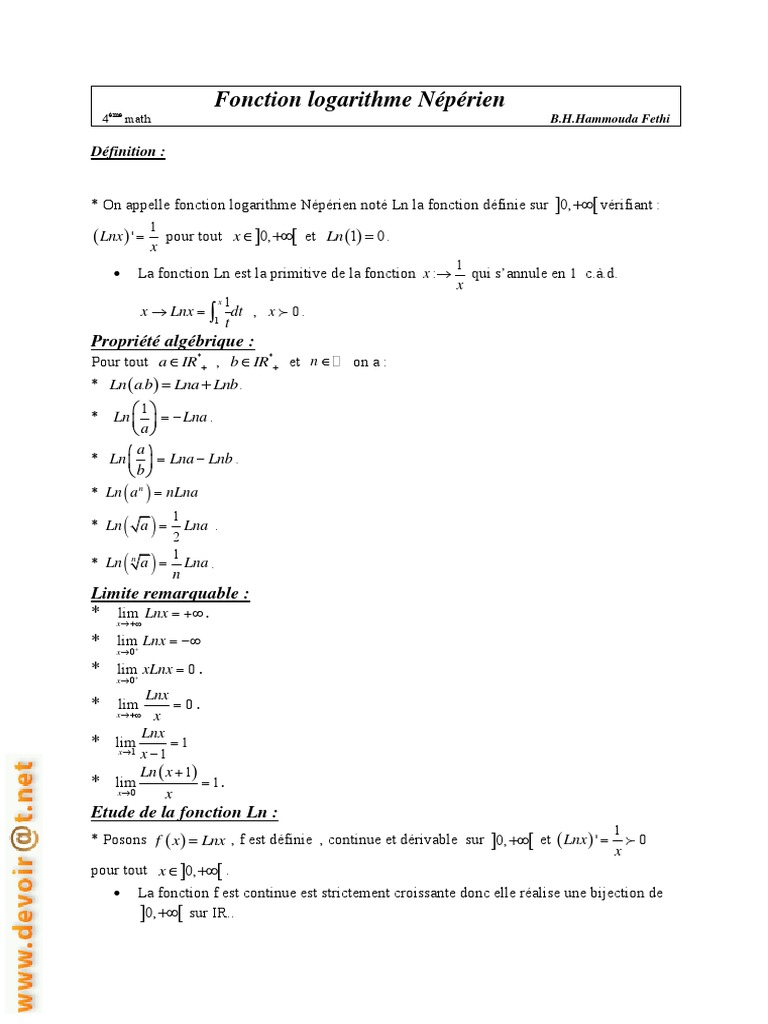 Logarithme - Bac Math MR Hammouda Fethi | PDF | Analyses | Analyse complexe