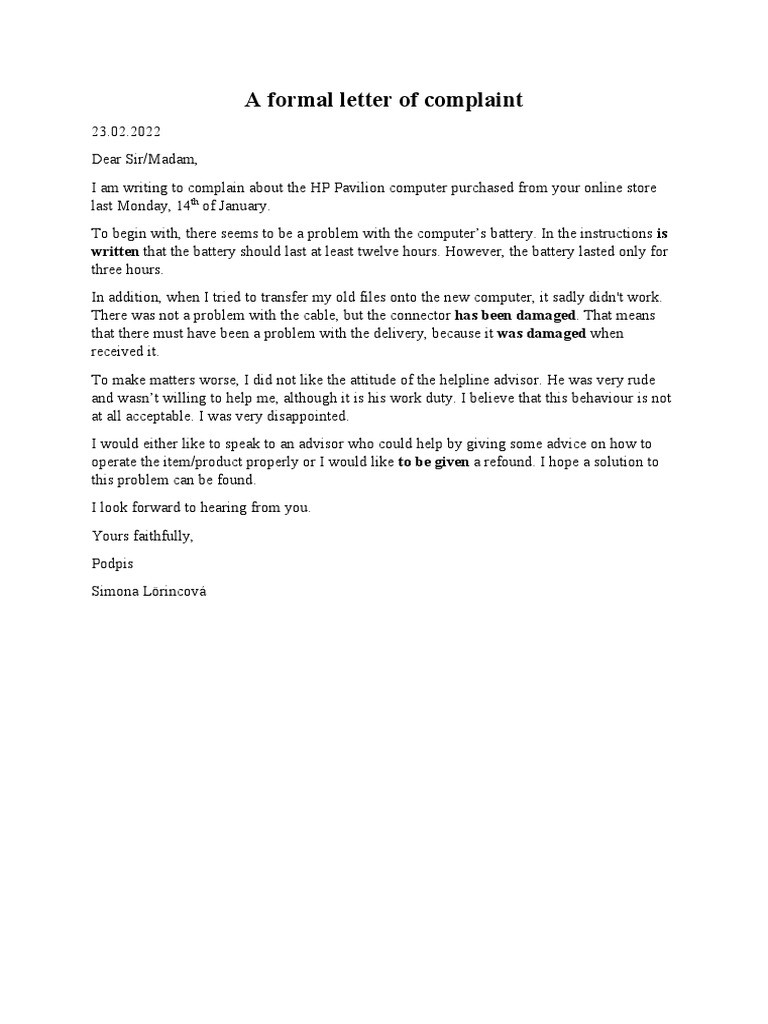 Formal complaint letter about HP computer purchase issues | PDF