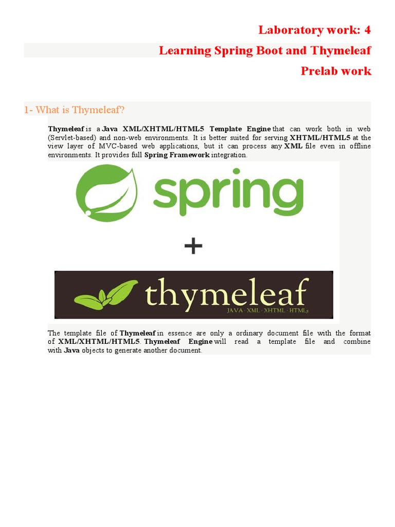 Laboratory Work: 4 Learning Spring Boot and Thymeleaf Prelab Work | PDF | Spring Framework | Xhtml
