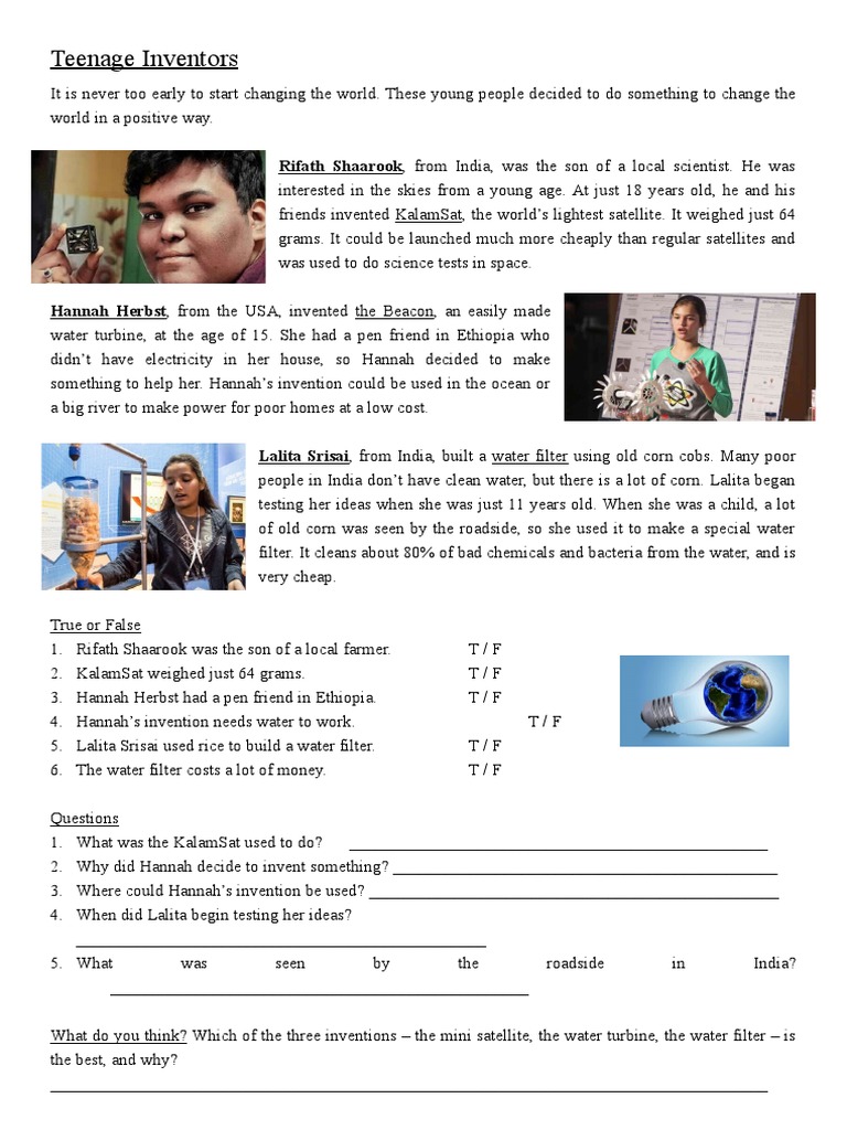 Teenage Inventors Reading Worksheet Reading Comprehension Exercises ...