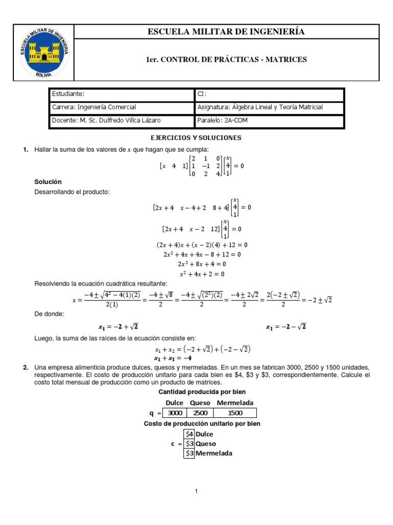 Solucionario 1er. Control de Prácticas - Matrices-2A-COM (Álgebra Lineal, EMI-II-21) | PDF ...