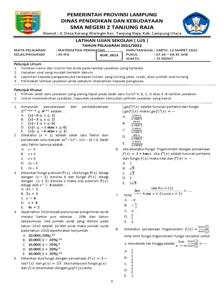Lus Matematika Peminatan Xii Ipa 2022 | PDF | Metode & Bahan Ajar