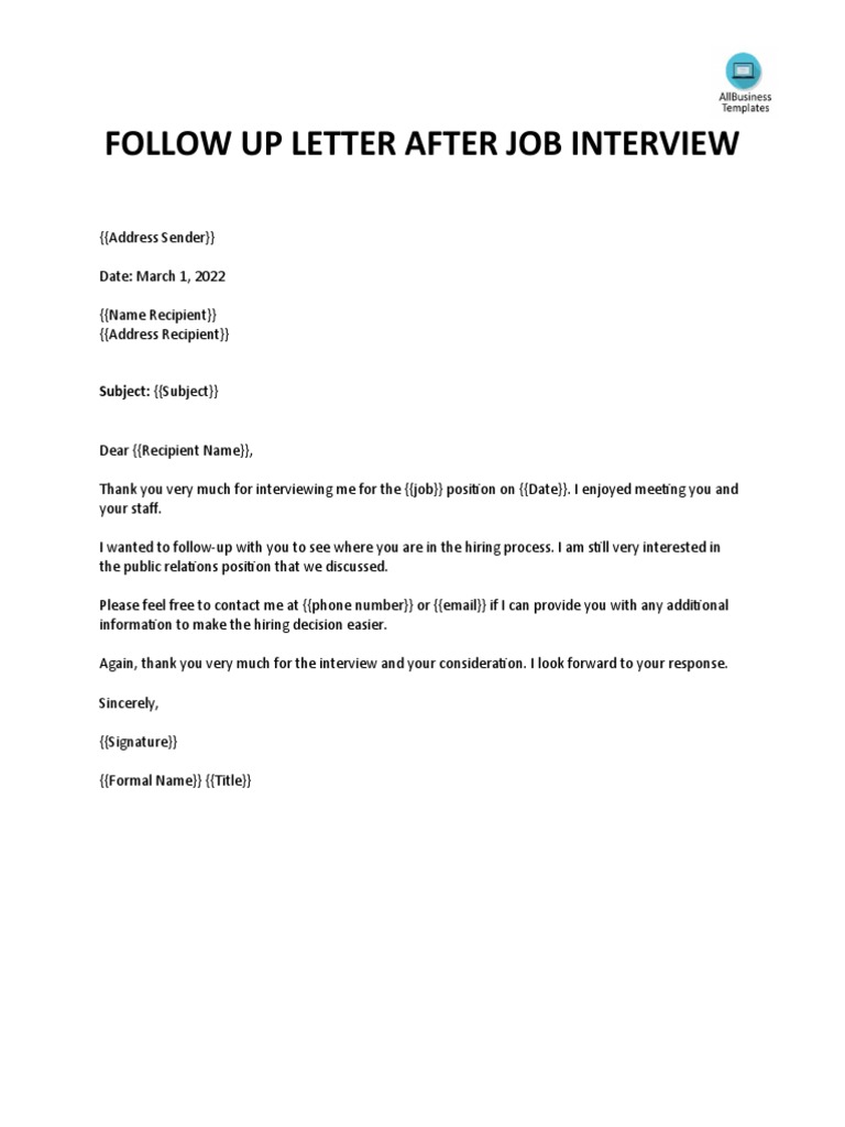 Follow Up Letter After Job Interview: Subject: ( (Subject) ) | Download ...