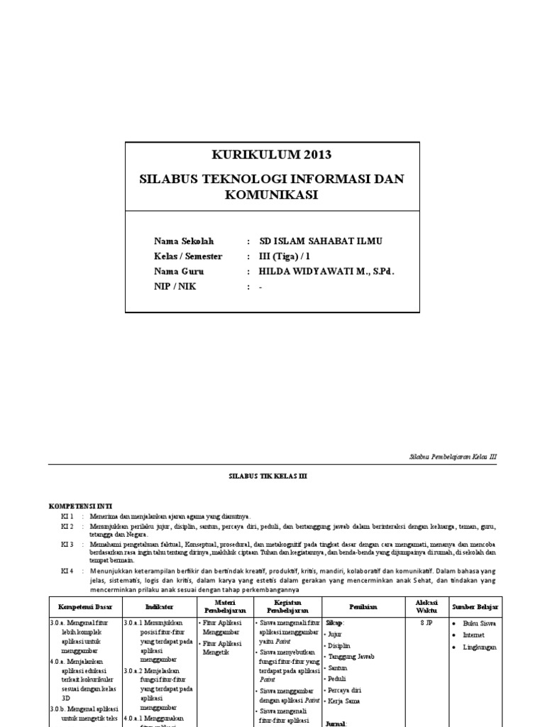 SILABUS TIK Kelas 3 2021-2022 | PDF