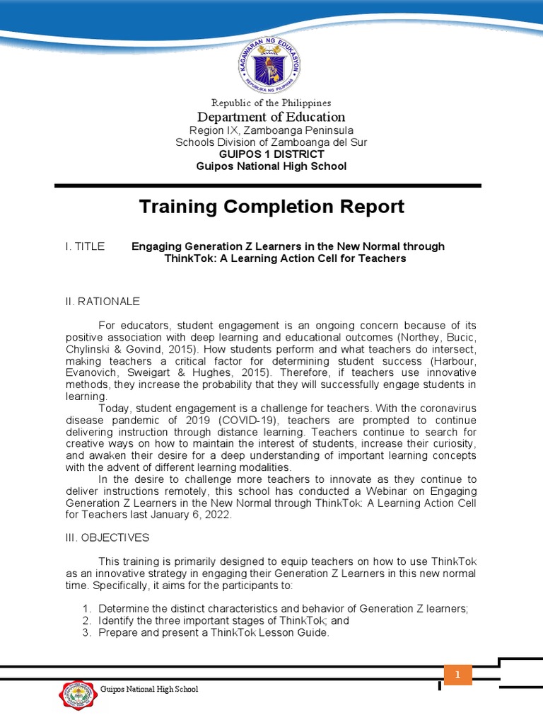 Training Completion Report: Department of Education | PDF | Learning ...