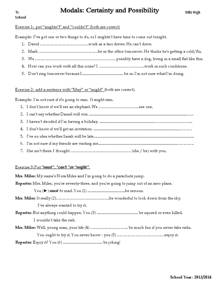 Modals Possibility Certainty and Impossibility Oneonone Activities Sentence Transformation ...