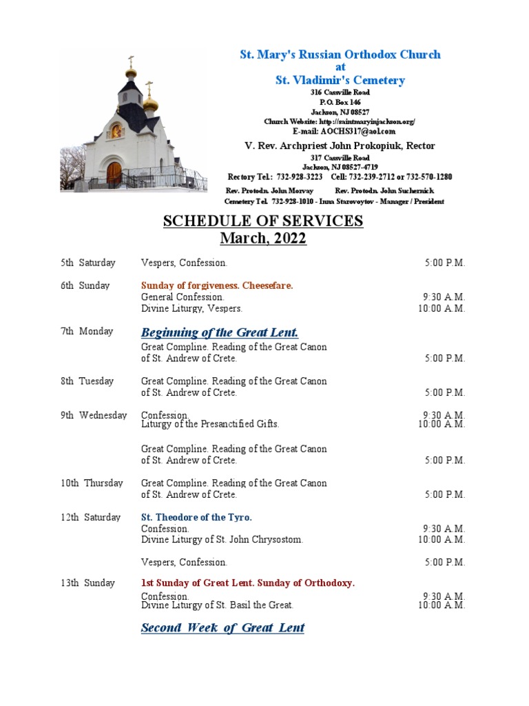 Schedule of Divine Services - March, 2022 | PDF | Rituals | Christian ...