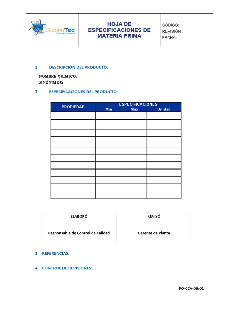 FO - CCA-06 Hoja de Especificación de Materia Prima | PDF