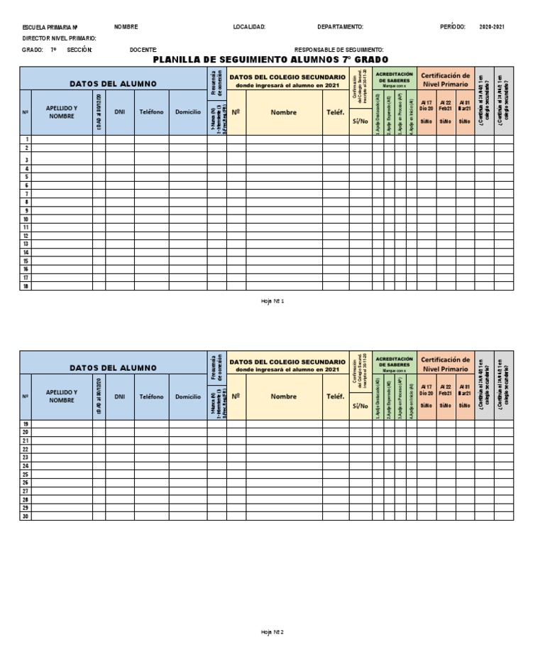 Planilla Seguimiento 7°grado GESTION OF. Vacía | PDF