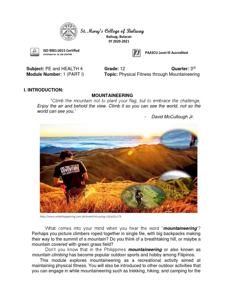 PE 4 SHS Module 1 (2nd Sem) - Summary | PDF | Knot | Mountaineering