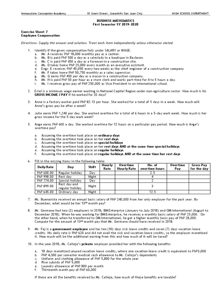 Exercise Sheet 7 - Employee Compensation | PDF | Overtime | Salary