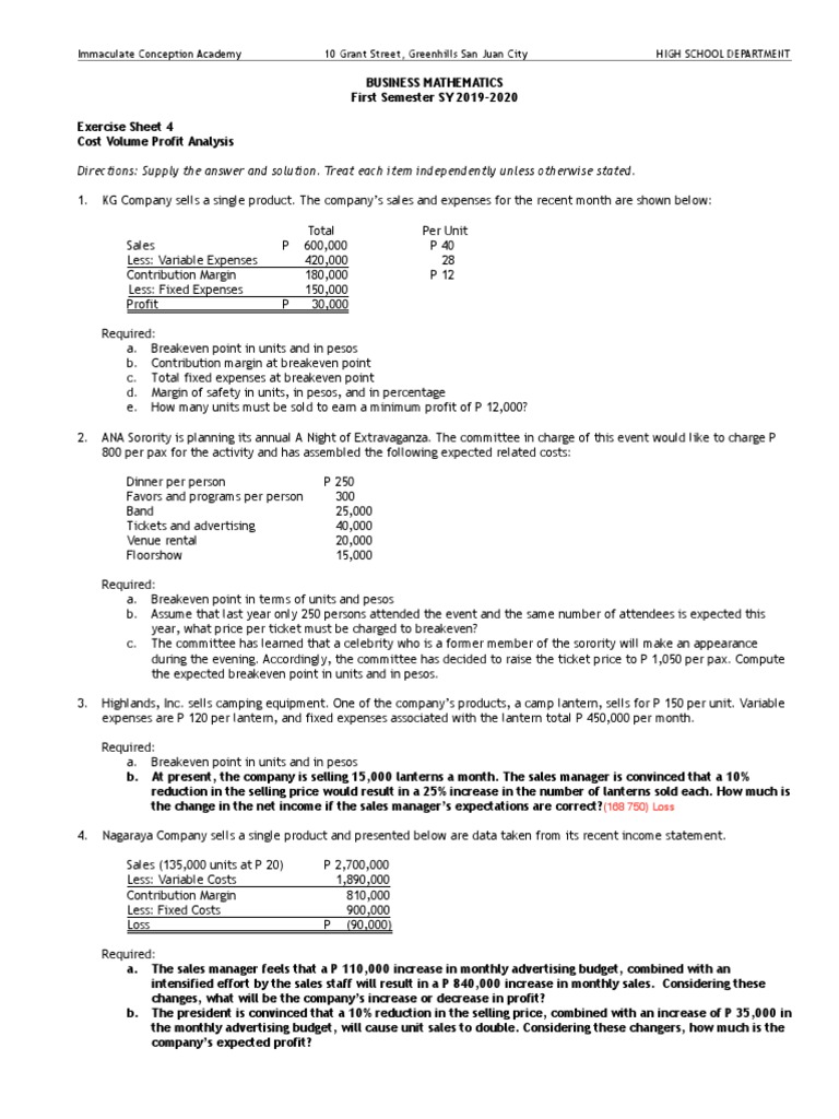 Exercise Sheet 4 - CVP Analysis (Revised) | PDF | Economies | Business ...