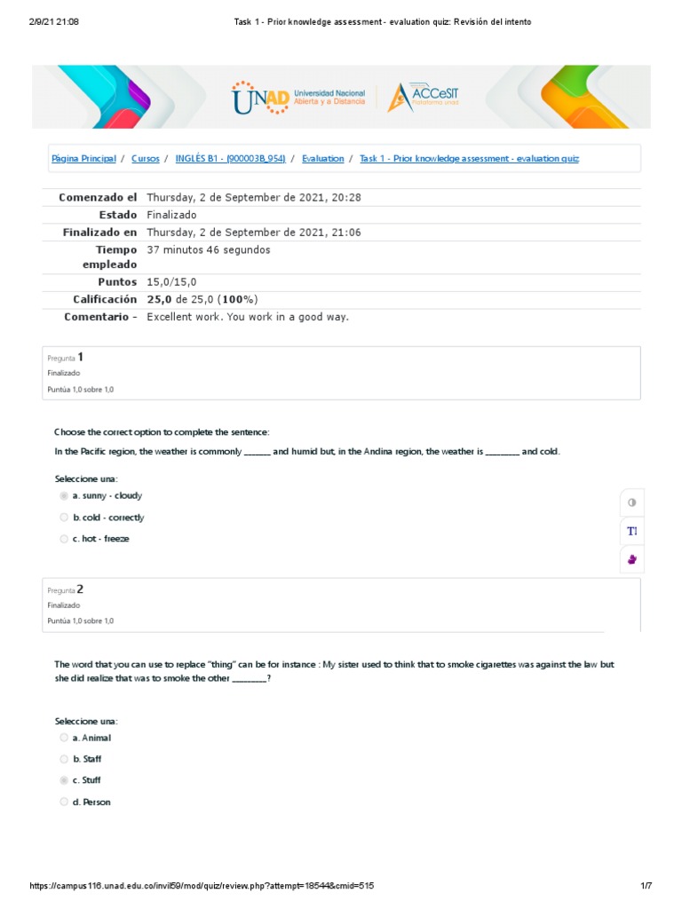 Task 1 - Prior Knowledge Assessment - Evaluation Quiz - Revisión Del ...