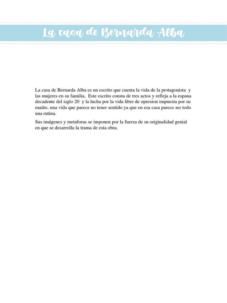 Trabajo Del Libro La Casa de Bernarda Alba | PDF | Federico García Lorca
