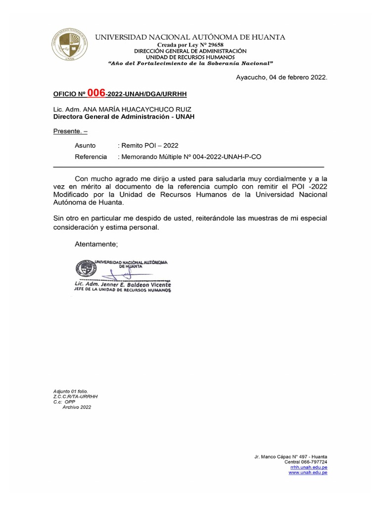OFICIO #006-2022-UNAH-DGA-URRHH e | PDF