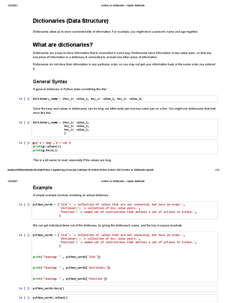 Lecture On Dictionaries - Jupyter Notebook | PDF | Python (Programming ...