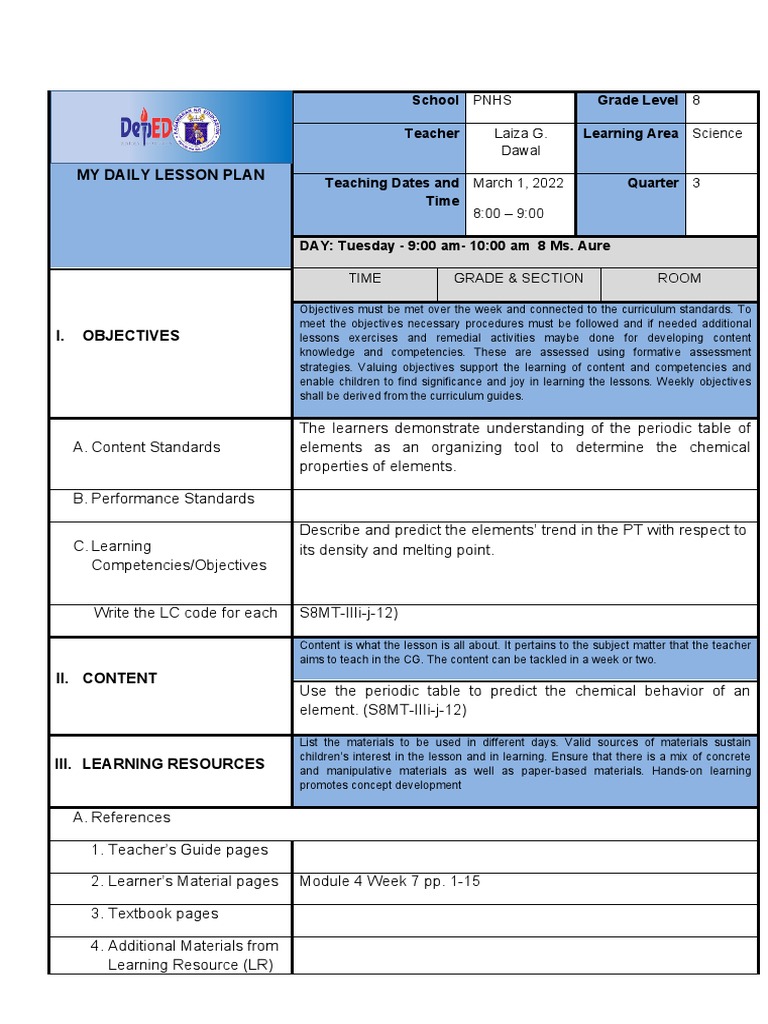 My Daily Lesson Plan: School PNHS Grade Level 8 Teacher Learning Area ...