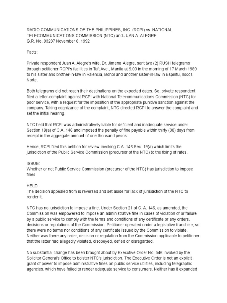 RCPI Vs NTC Case Digest | PDF | Complaint | Administrative Law