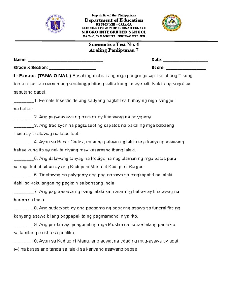 Aral Pan Summative 4 | PDF