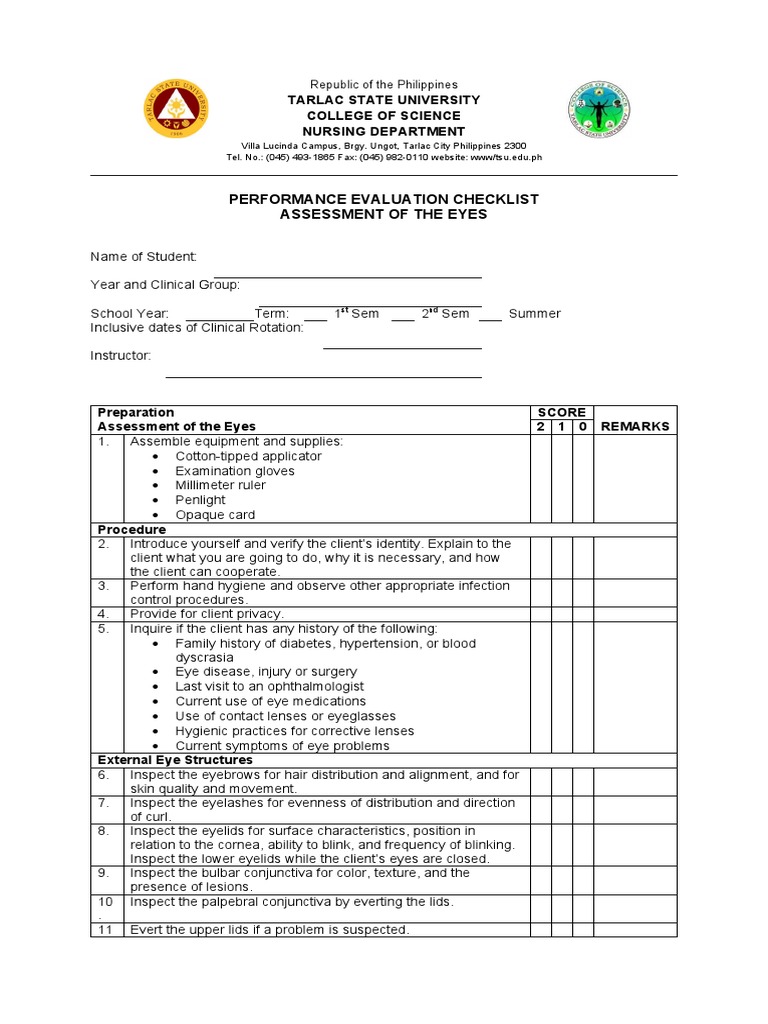 Performance Evaluation Checklist Assessment of The Eyes: Tarlac State ...