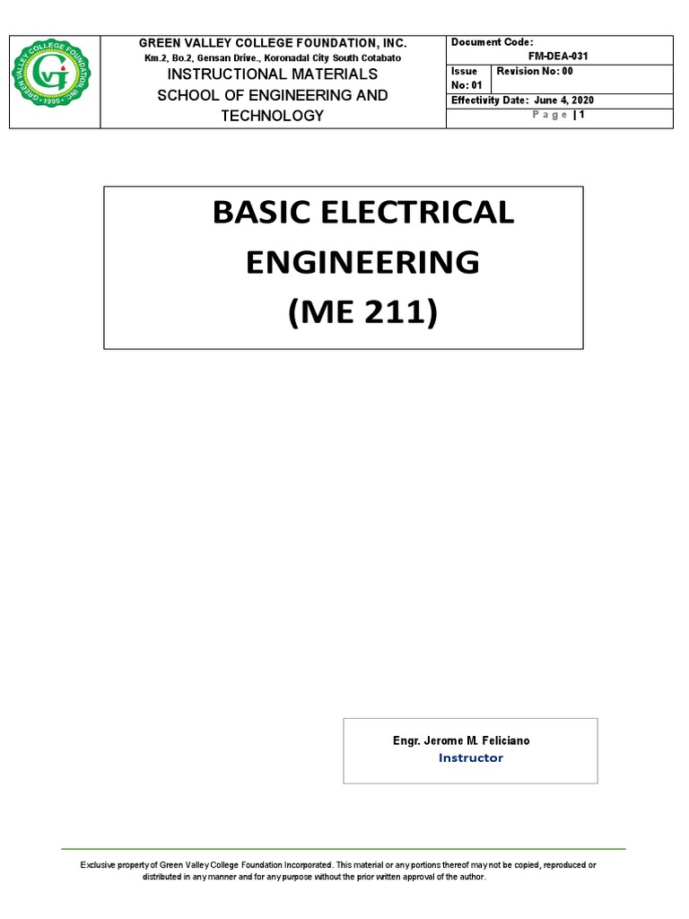 Basic Electrical Engineering (ME 211) : Instructional Materials School ...