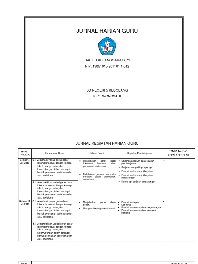 Jurnal Harian Guru Pjok | PDF