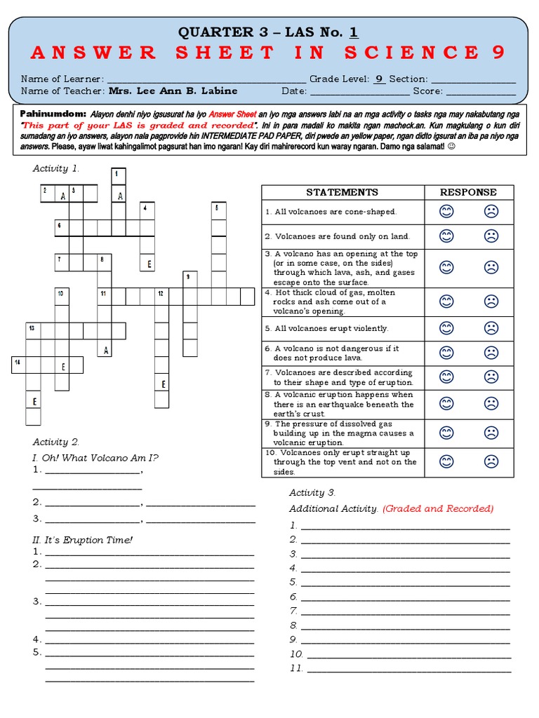 Answer Sheet in Science 9: Quarter 3 - Las No. 1 | PDF | Volcano ...