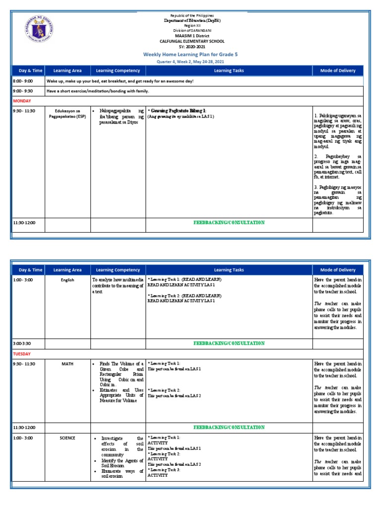 Grade 5 - All Subjects - WHLP - Q4 - W2 | PDF | Learning