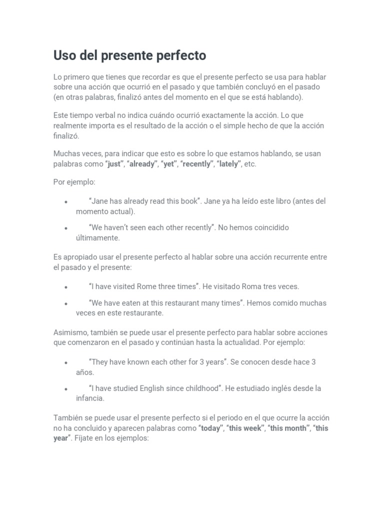 Uso Del Presente Perfecto | PDF | Verbo | Oración (Lingüística)