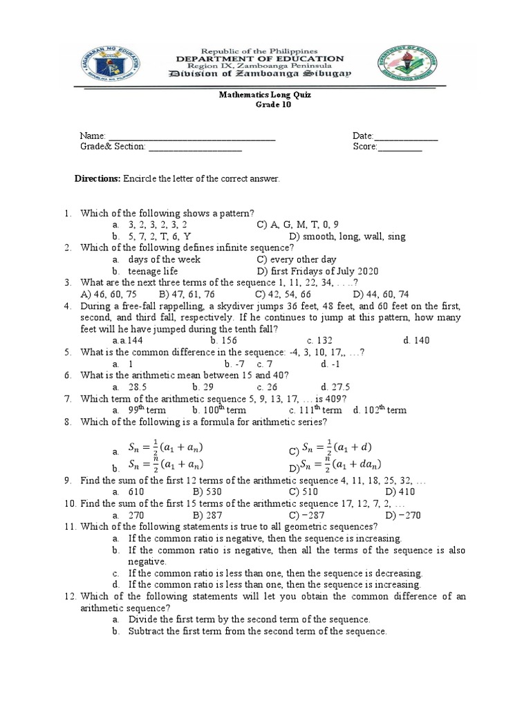 Long Quiz g10 | PDF | Division (Mathematics) | Discrete Mathematics