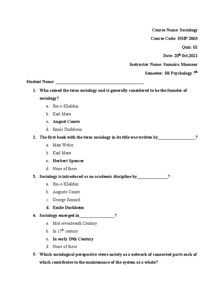 Key Quiz 1 | PDF | Sociology | Émile Durkheim
