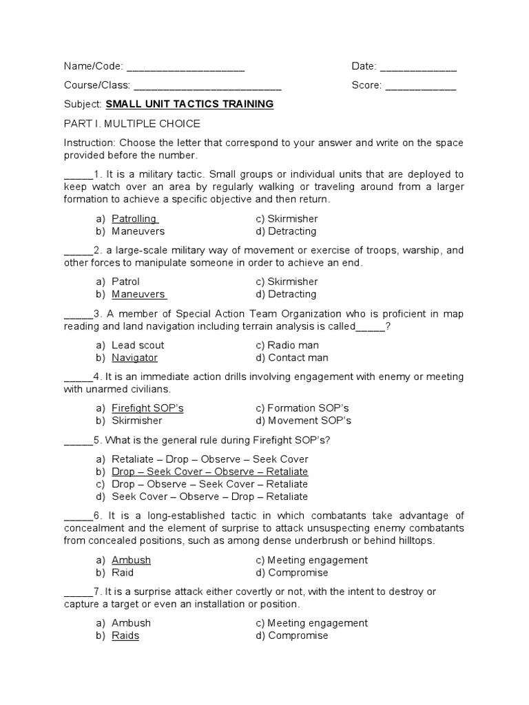 Small Unit Tactics Training Exam | PDF | Ambush | Military Operations