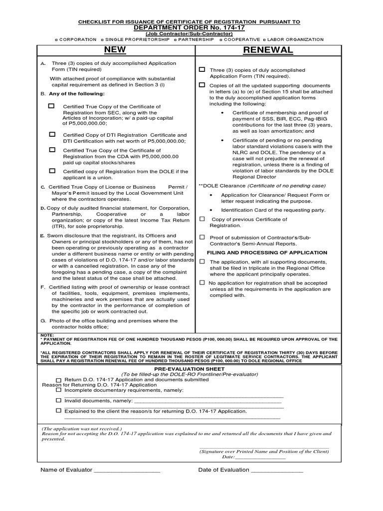 (DOLE) Checklist For Issuance of Certificate of Registration Pursuant ...