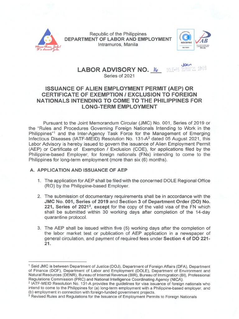 (DOLE) LA 16-21 Re Issuance of AEP or Certificate of Exemption ...