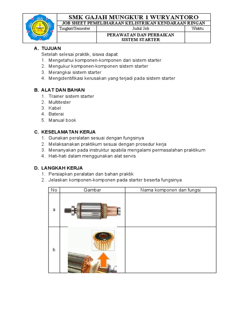 Job Sheet Perawatan Sistem Starter | PDF