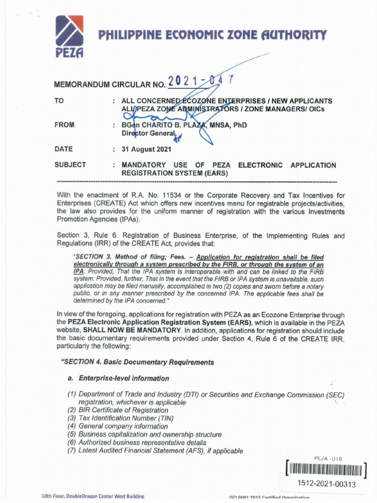 (Peza) MC 2021-047re Mandatory Use of Peza-Ears | PDF