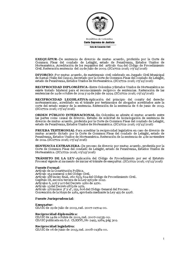 Exequátur de Divorcio en Colombia y EE.UU. | PDF | Divorcio | Caso de ley