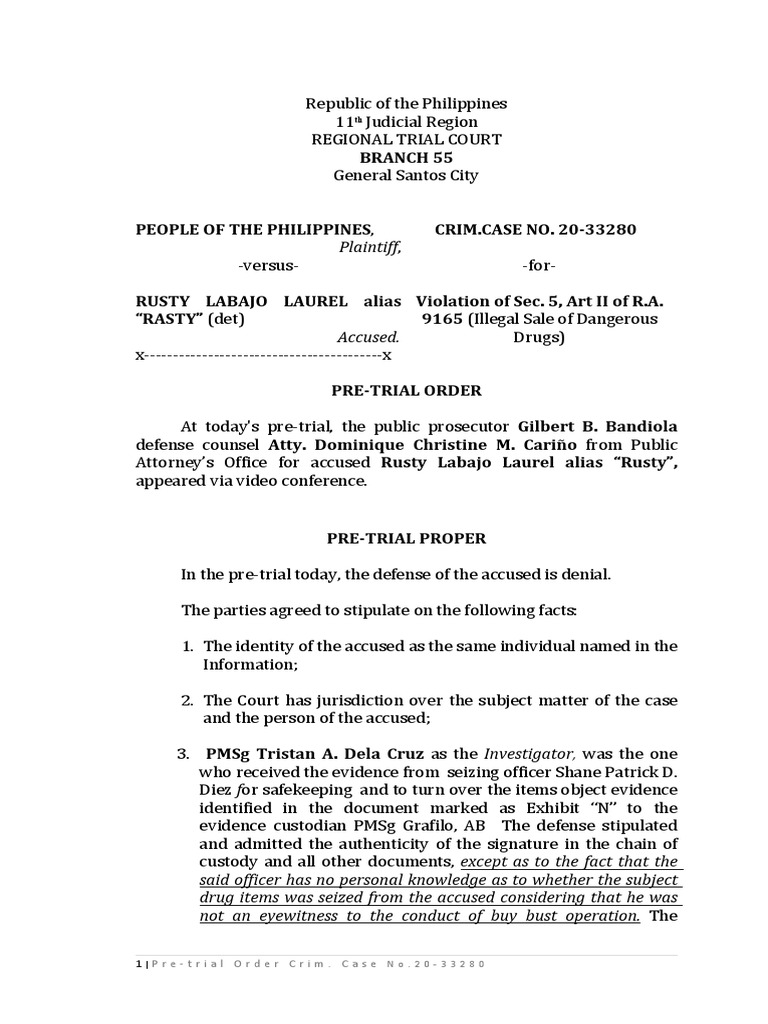 Pre Trial Order | PDF | Witness | Prosecutor