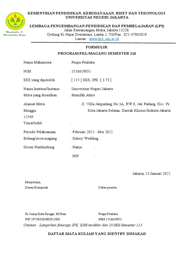 Puspa Pitaloka - Formulir Program Pkl-Magang SMT 116 | PDF