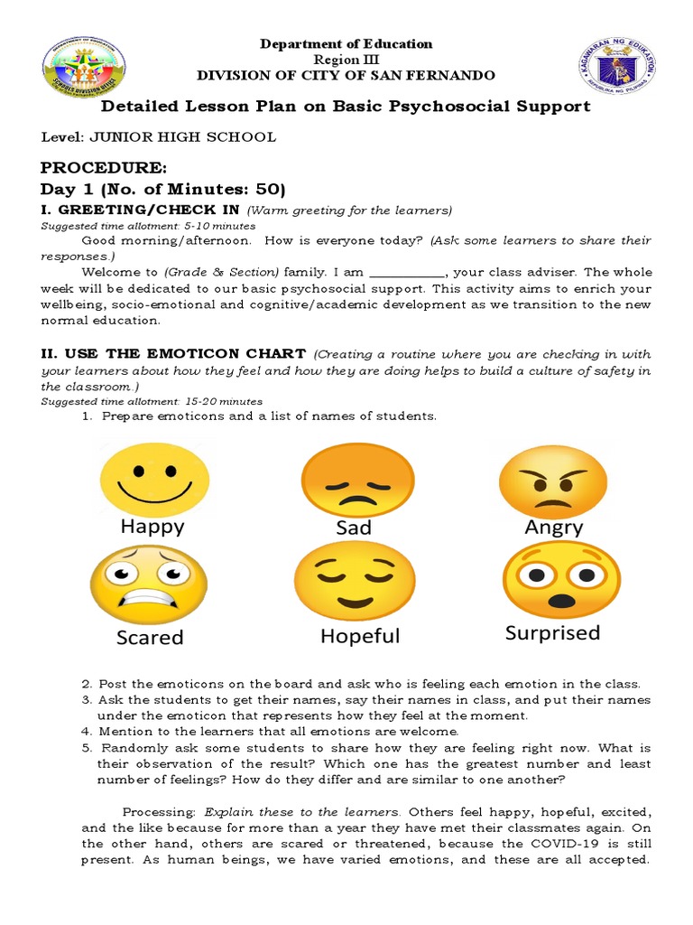 Happy Sad Angry: Detailed Lesson Plan On Basic Psychosocial Support ...