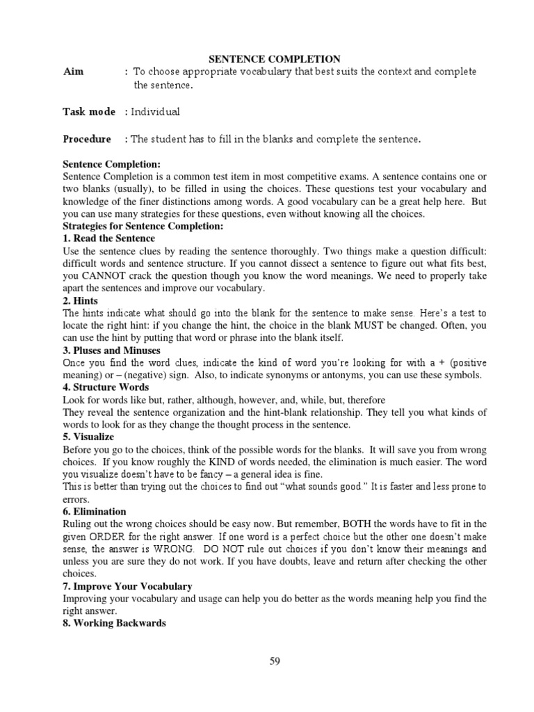 Sentence Completion | PDF | Vocabulary | Word