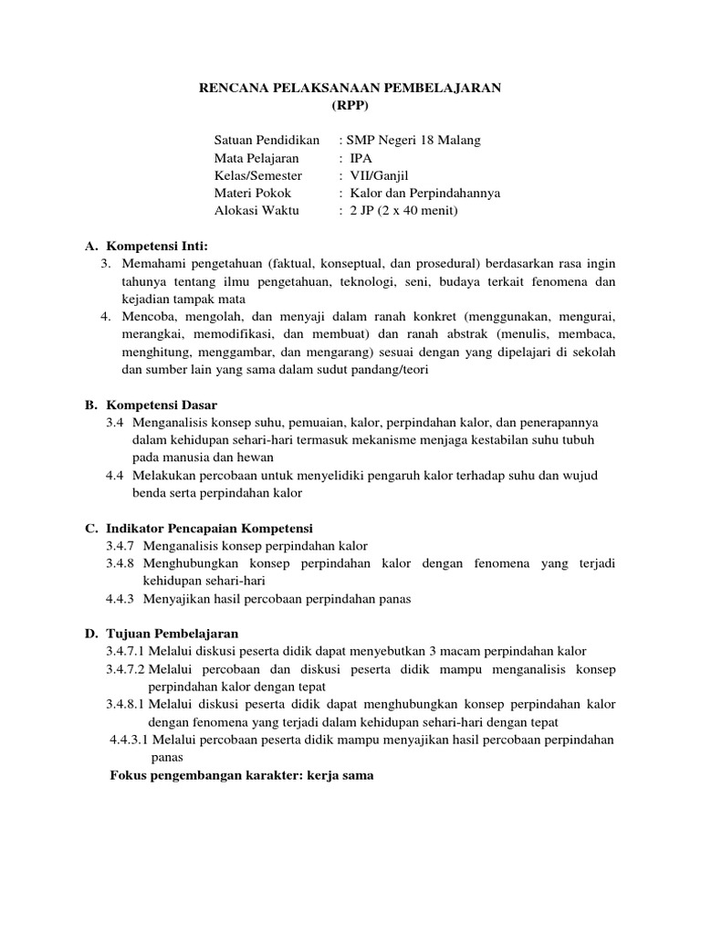 RPP Pertemuan 3 Kalor Perpindahan Kalor | PDF